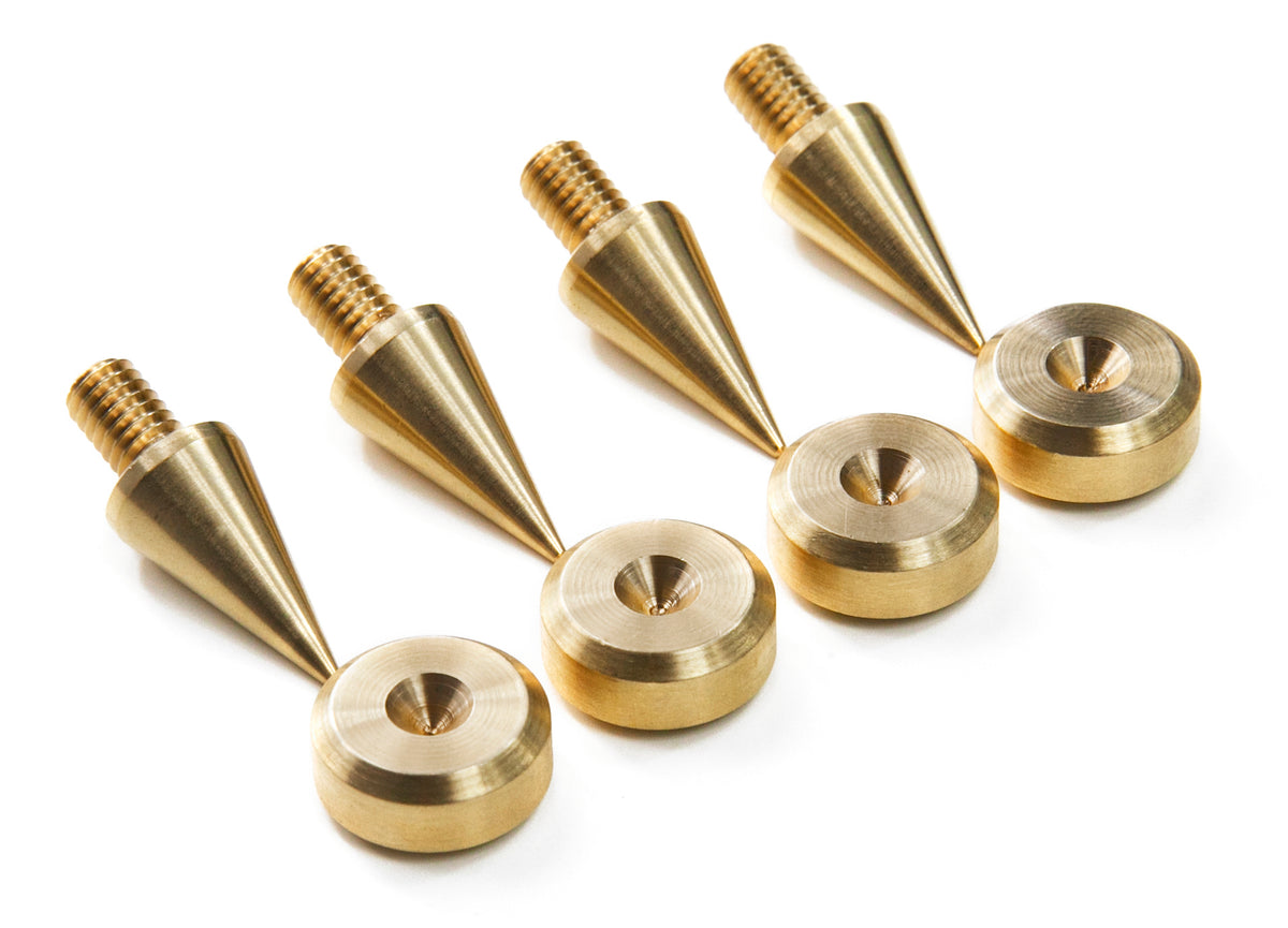 SET - 4x M8 BRASS Speaker Spikes 11mm dia + BRASS Pads 16mm dia ...